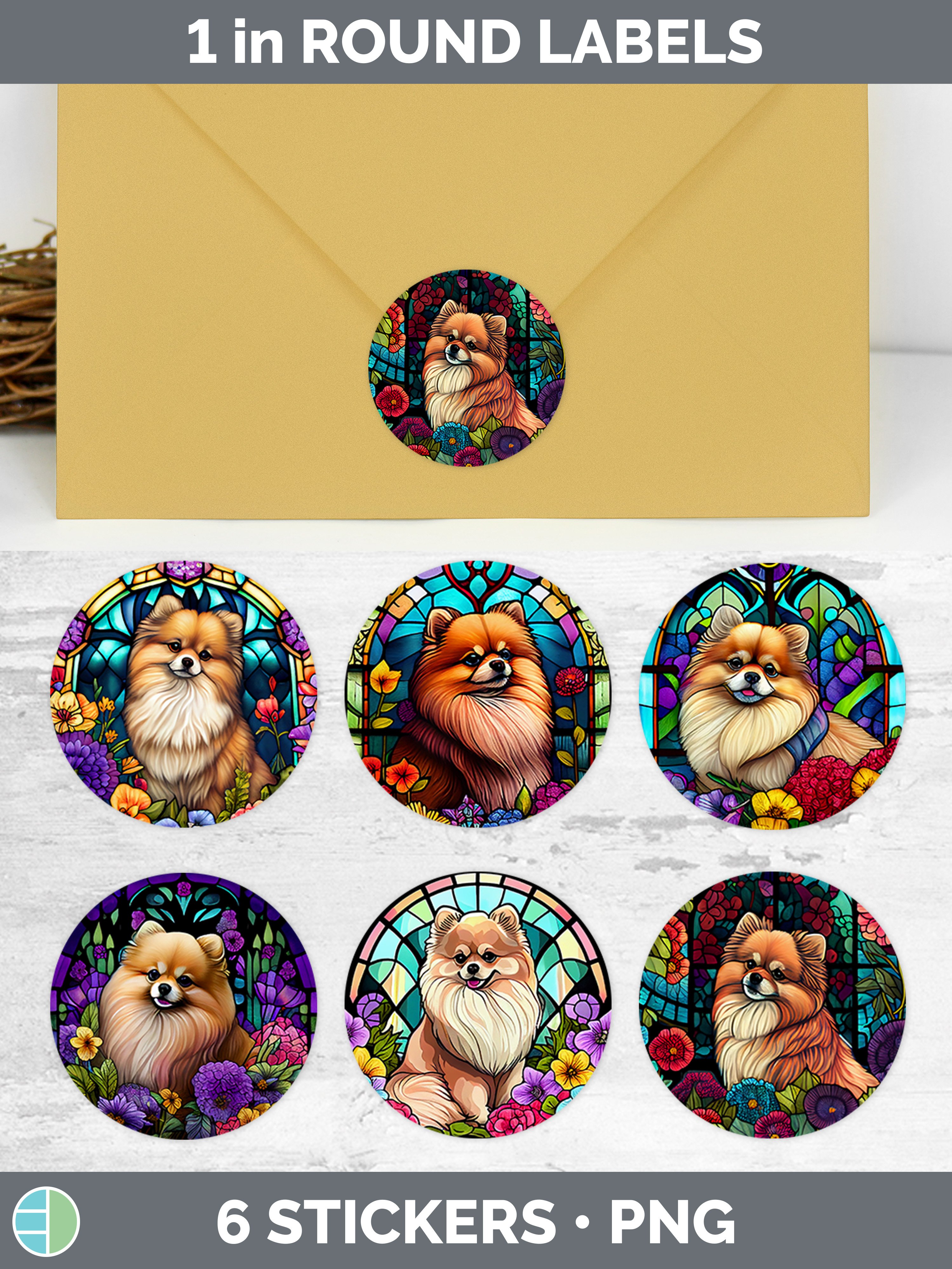 Stained Glass Pomeranian Dog Stickers | Round Labels Designs