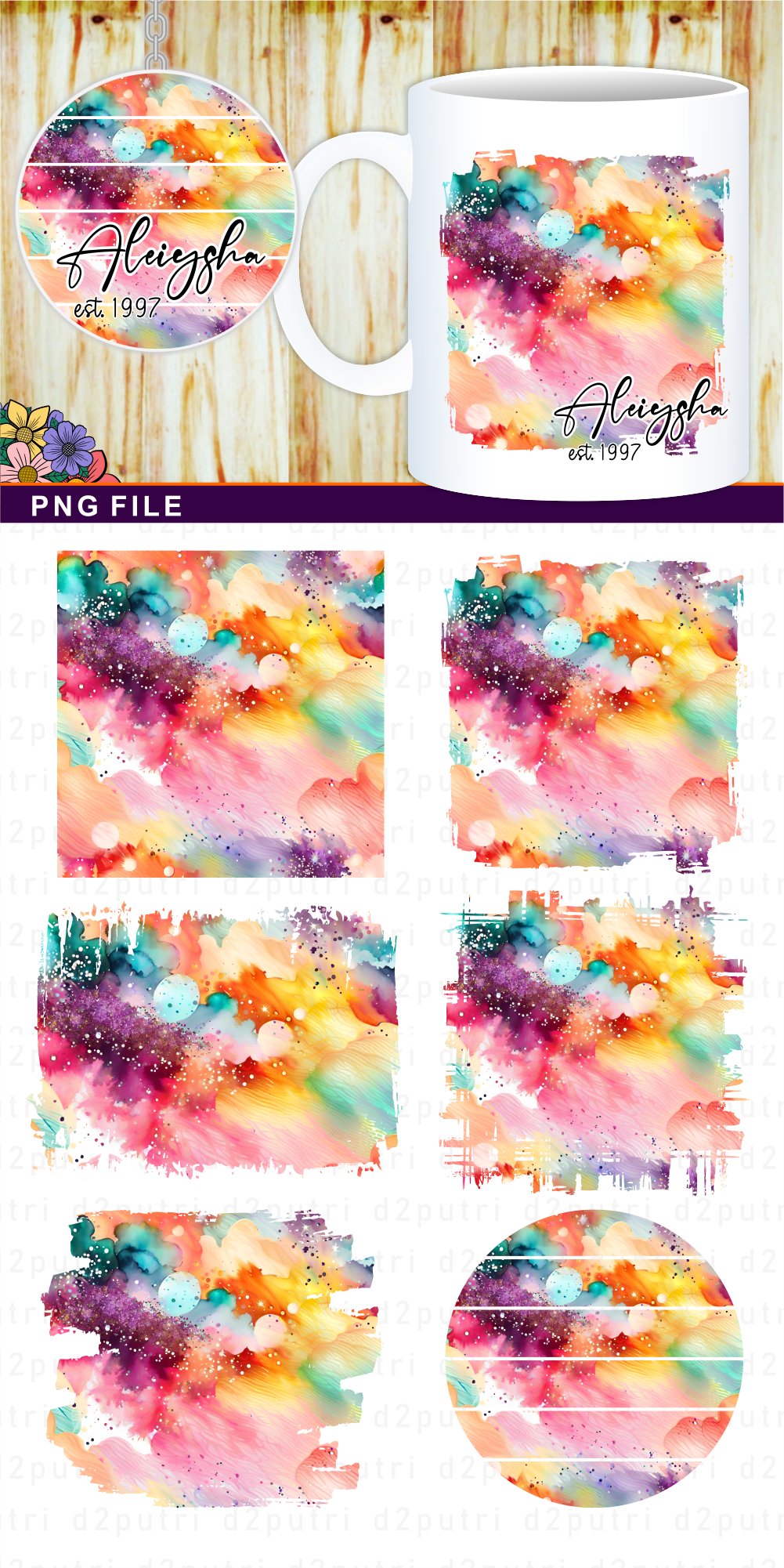 Watercolor Splash Glitter Backgrounds, Mugs and Keychain PNG