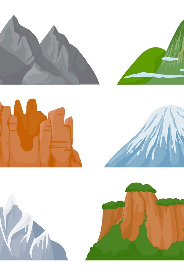 Cartoon mountains. Snowy mountain peak, hill, iceberg, rocky