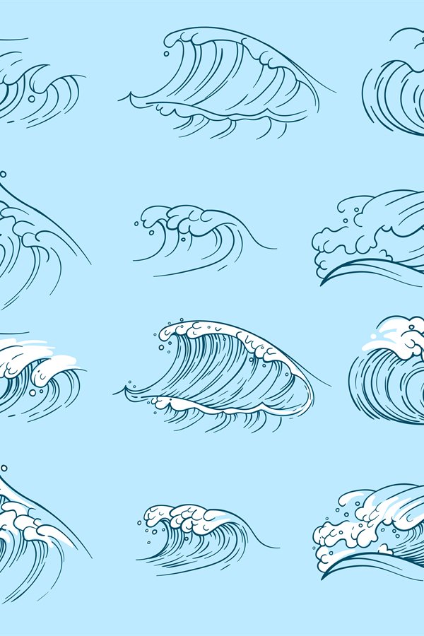 Sketch ocean waves. Hand drawn sea storm wave