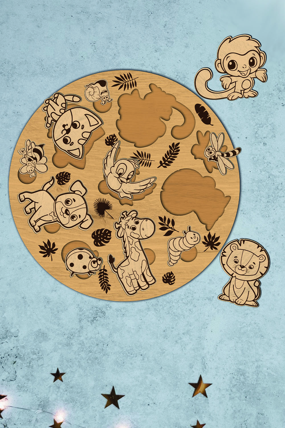 Round Puzzle with Animals, Cut Template