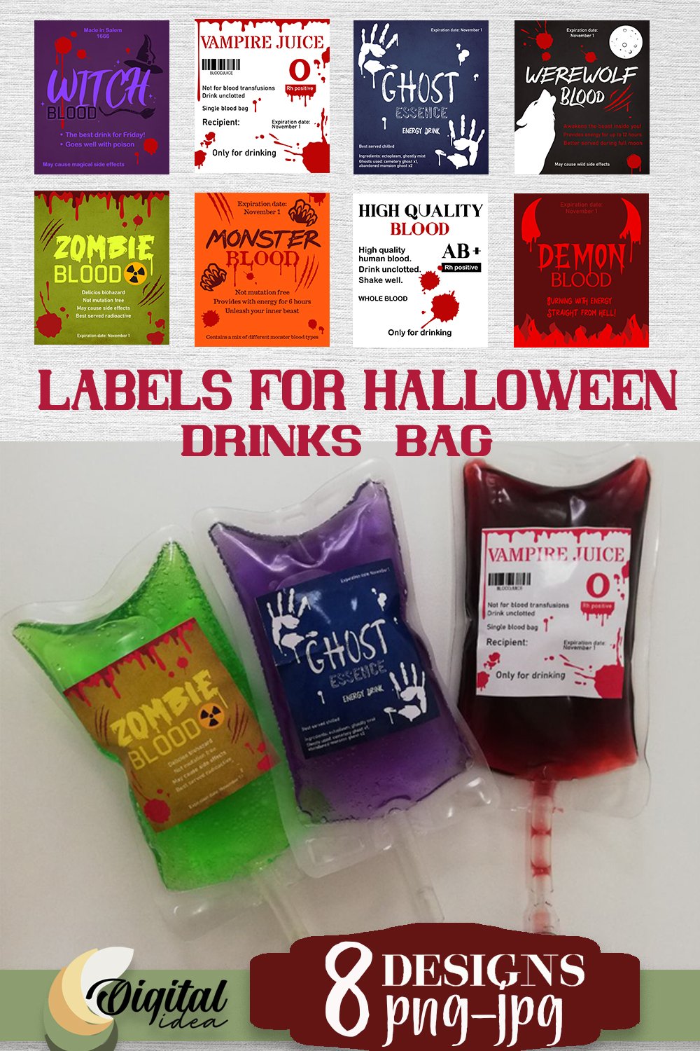 Halloween labels. Labels blood bags. Stickers Potion Labels