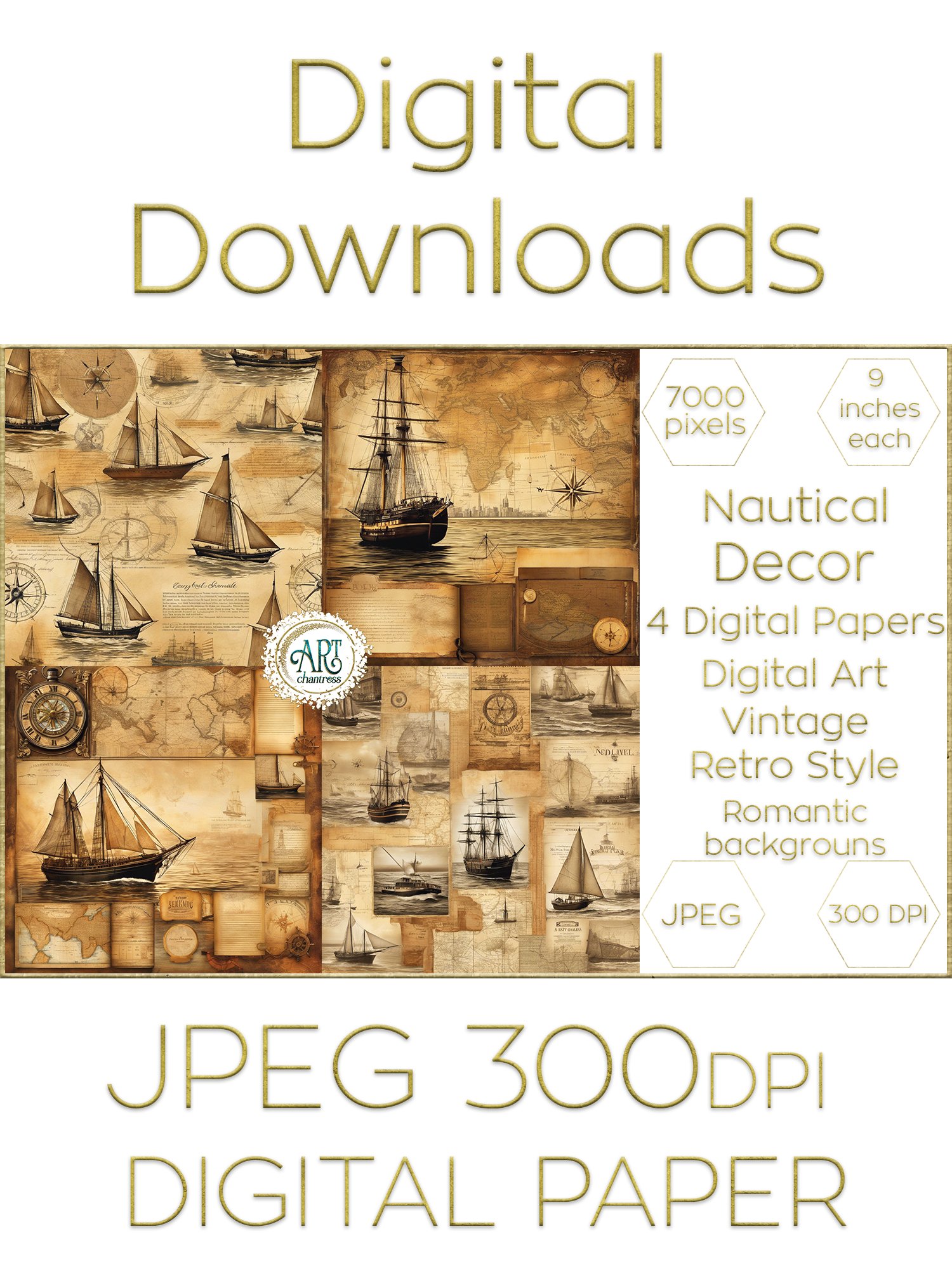 Nautical Vintage Old Watercolor Digital Papers (3687214)