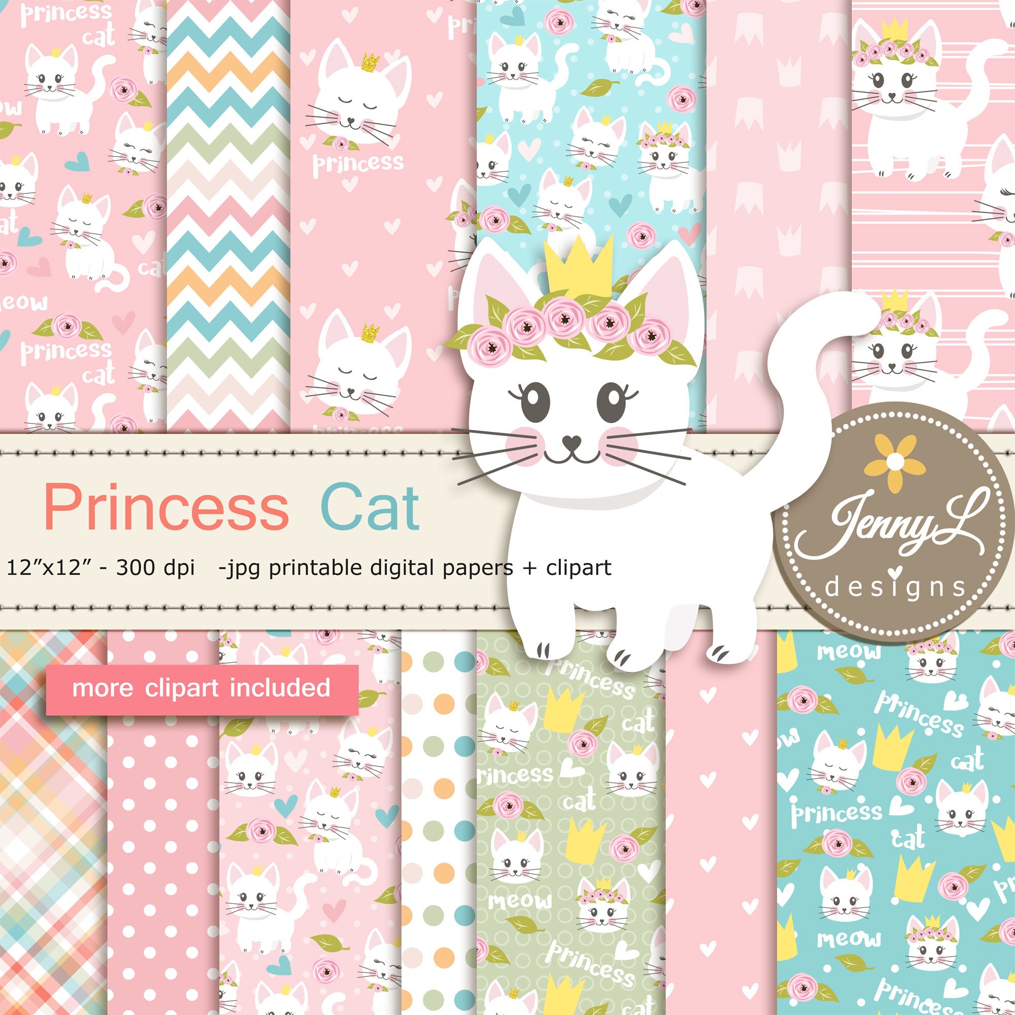 Princess Cat Digital Paper and Clipart