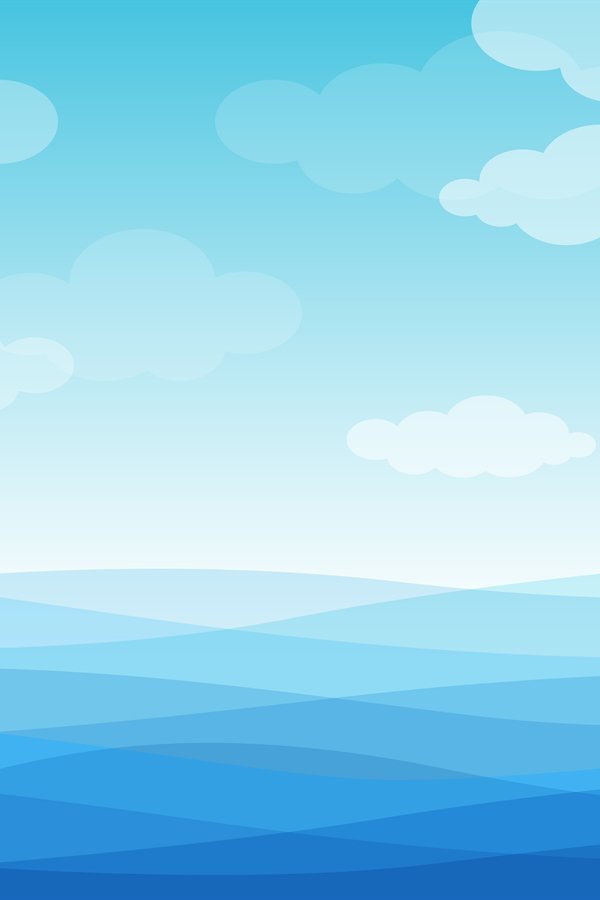 Abstract sea waves. Blue wavy ocean, sky and white clouds, f