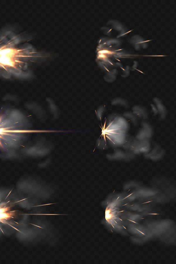 Gun flash. Realistic muzzle flash and shotgun fire and smoke