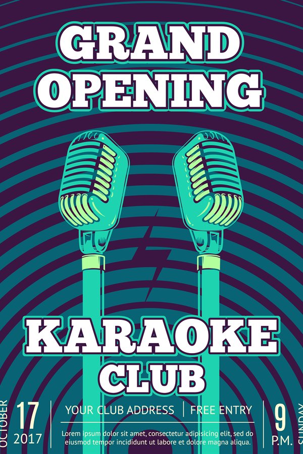 Vector karaoke club poster with retro microphones on radio s