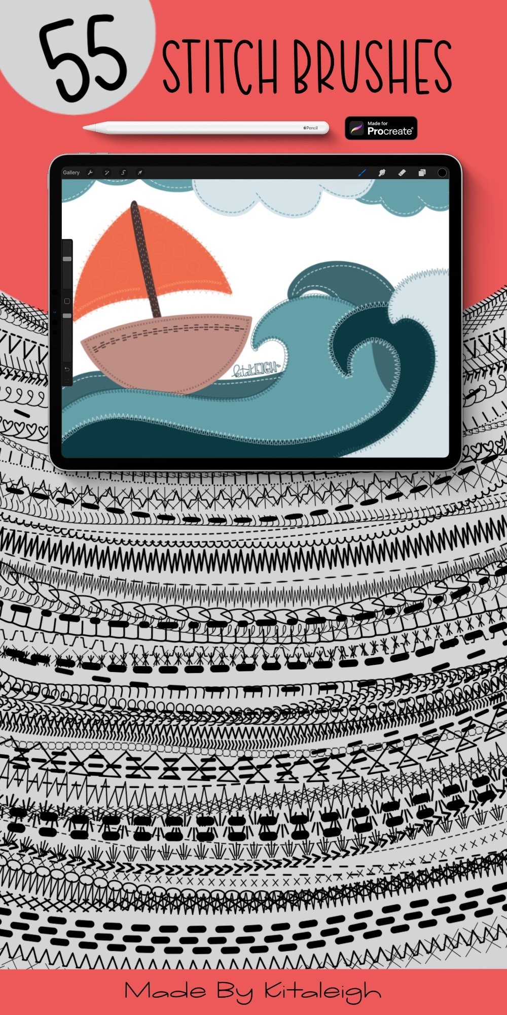 55 Textile Stitches | Procreate Patterned Brushes Set