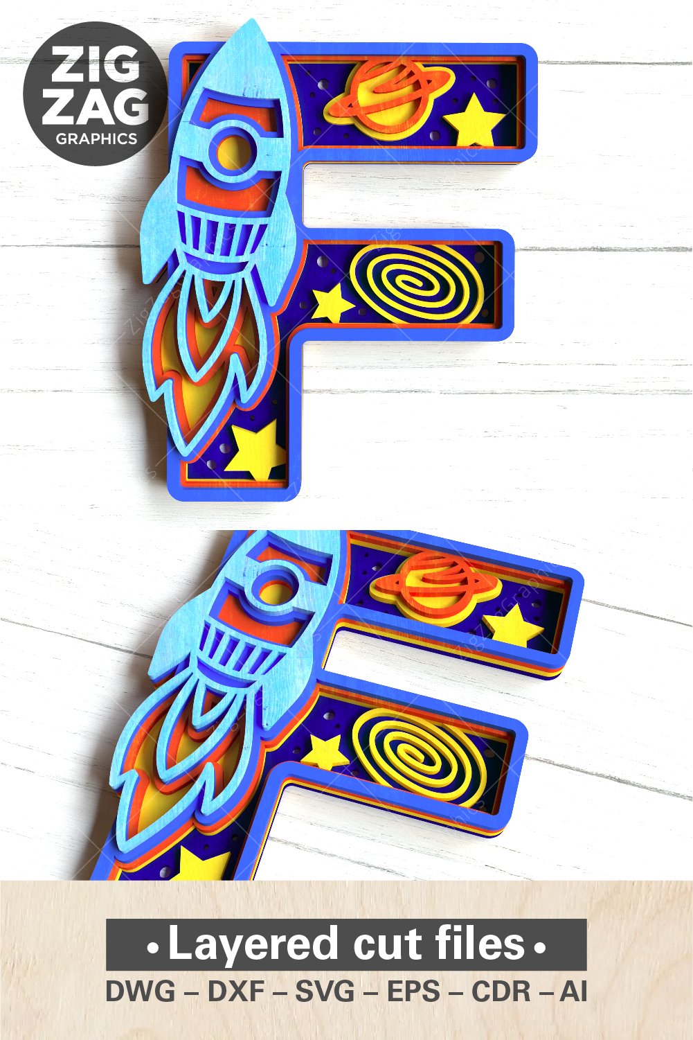 layered kids letter F with space rocket astronaut and stars