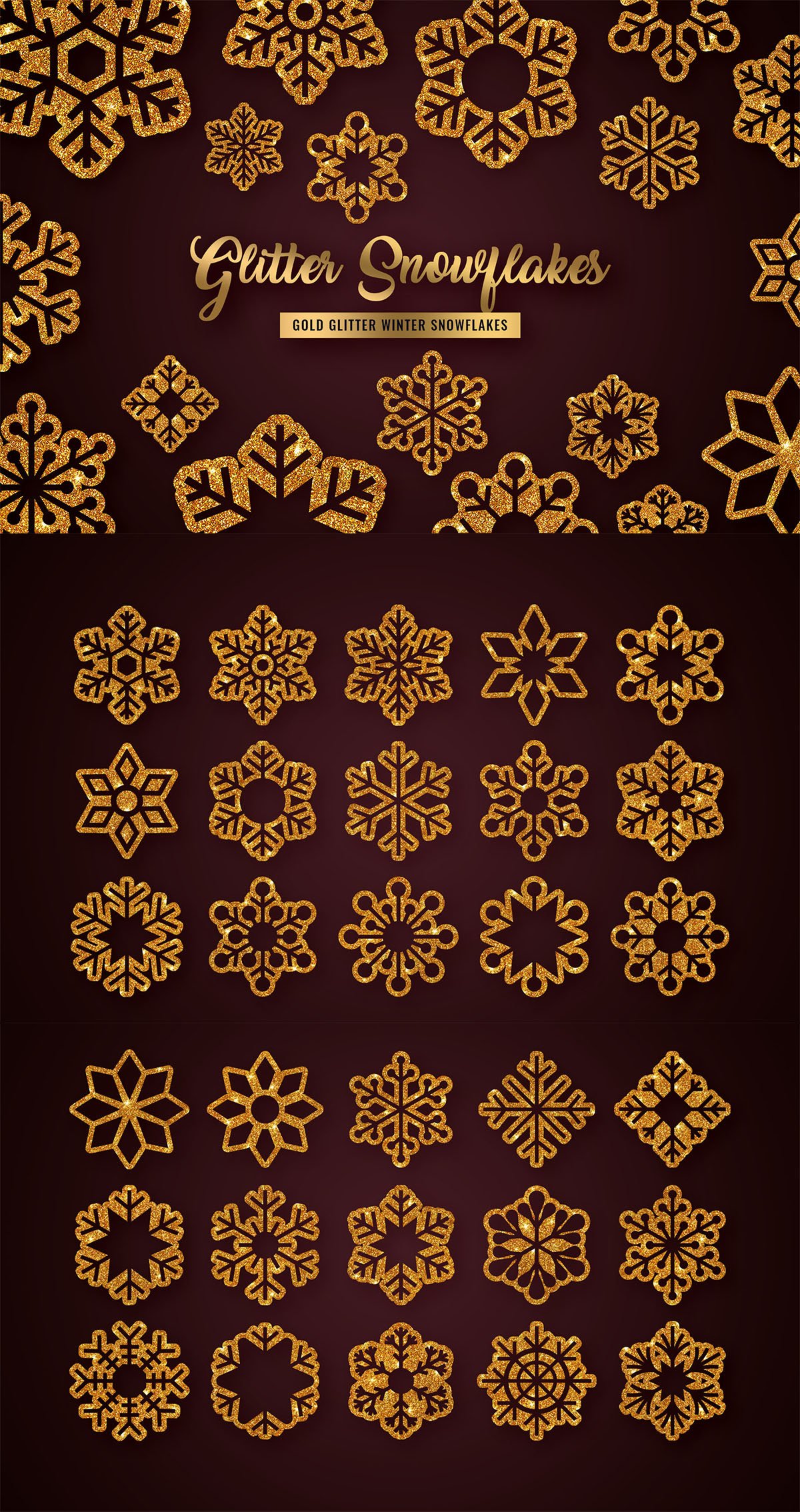 Gold Glitter Snowflakes Winter Clipart