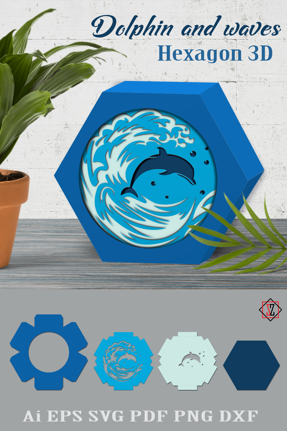 Dolphin and waves. Hexagon 3D