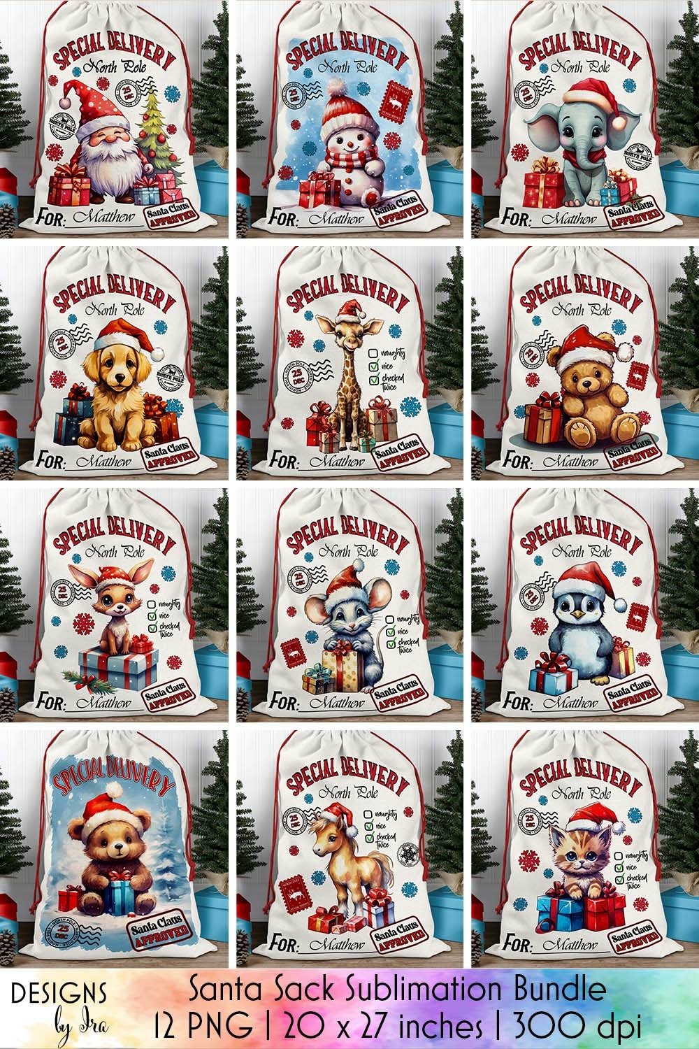 Santa Sack Sublimation Bundle with Cute Baby Animals & Gifts