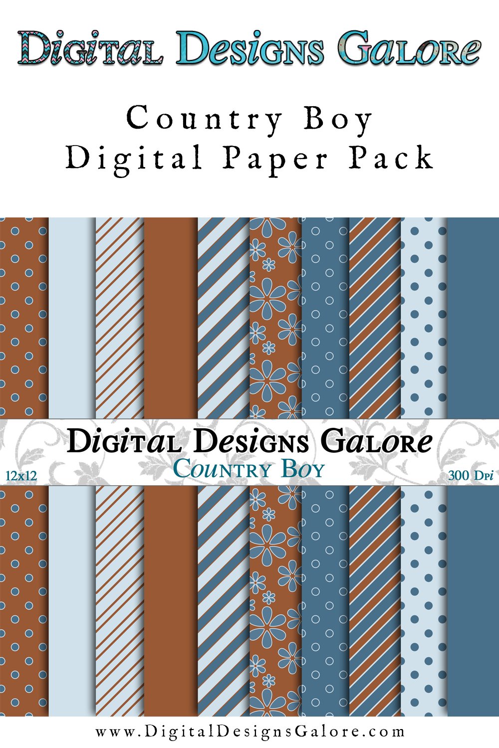 Country Boy Digital Paper Pack | Blue Brown Digital Papers