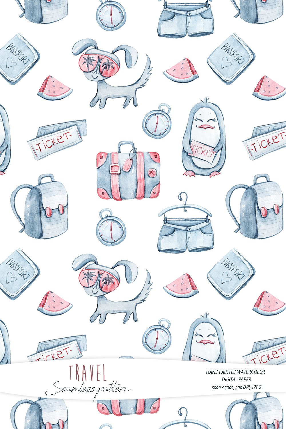 Watercolor travel seamless pattern, digital paper pack