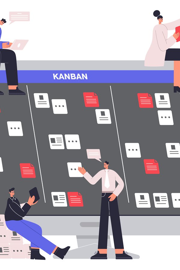 Software developers characters work with scrum task board. K