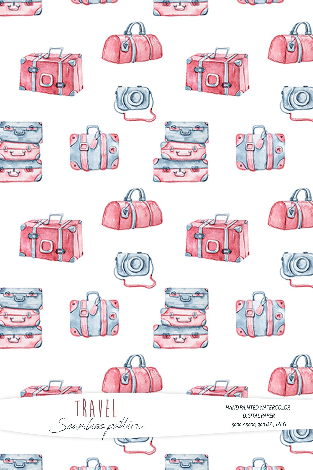 Watercolor travel seamless pattern, digital paper pack