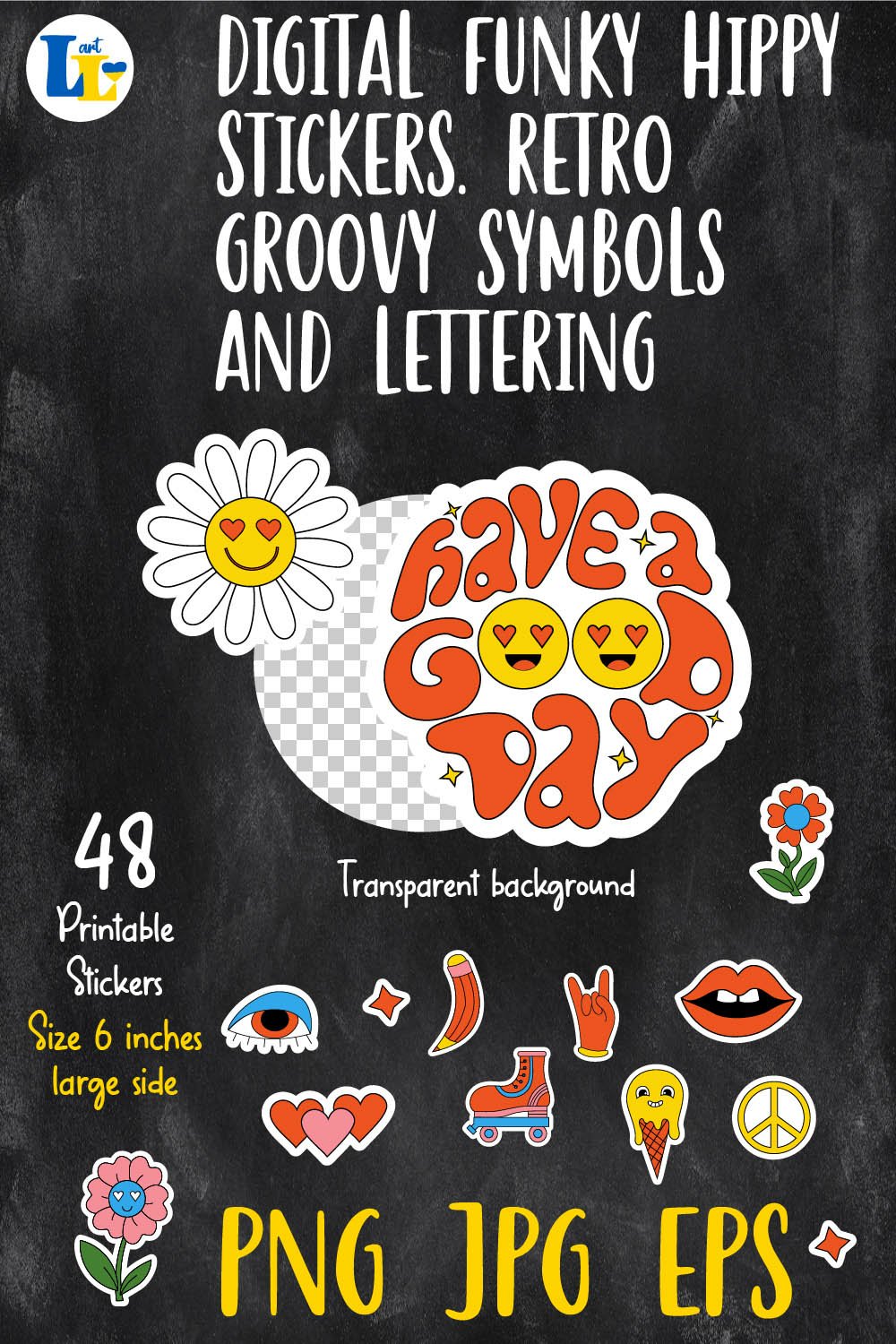 Retro Bundle funky hippy stickers|Printable digital sticker