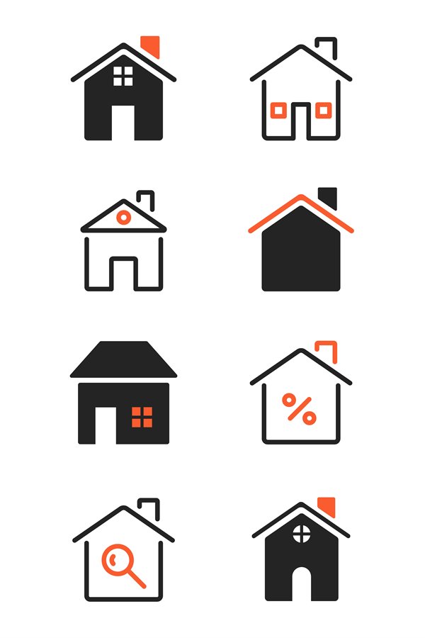 House icons. Exterior home images. Flat outlined houses, rea