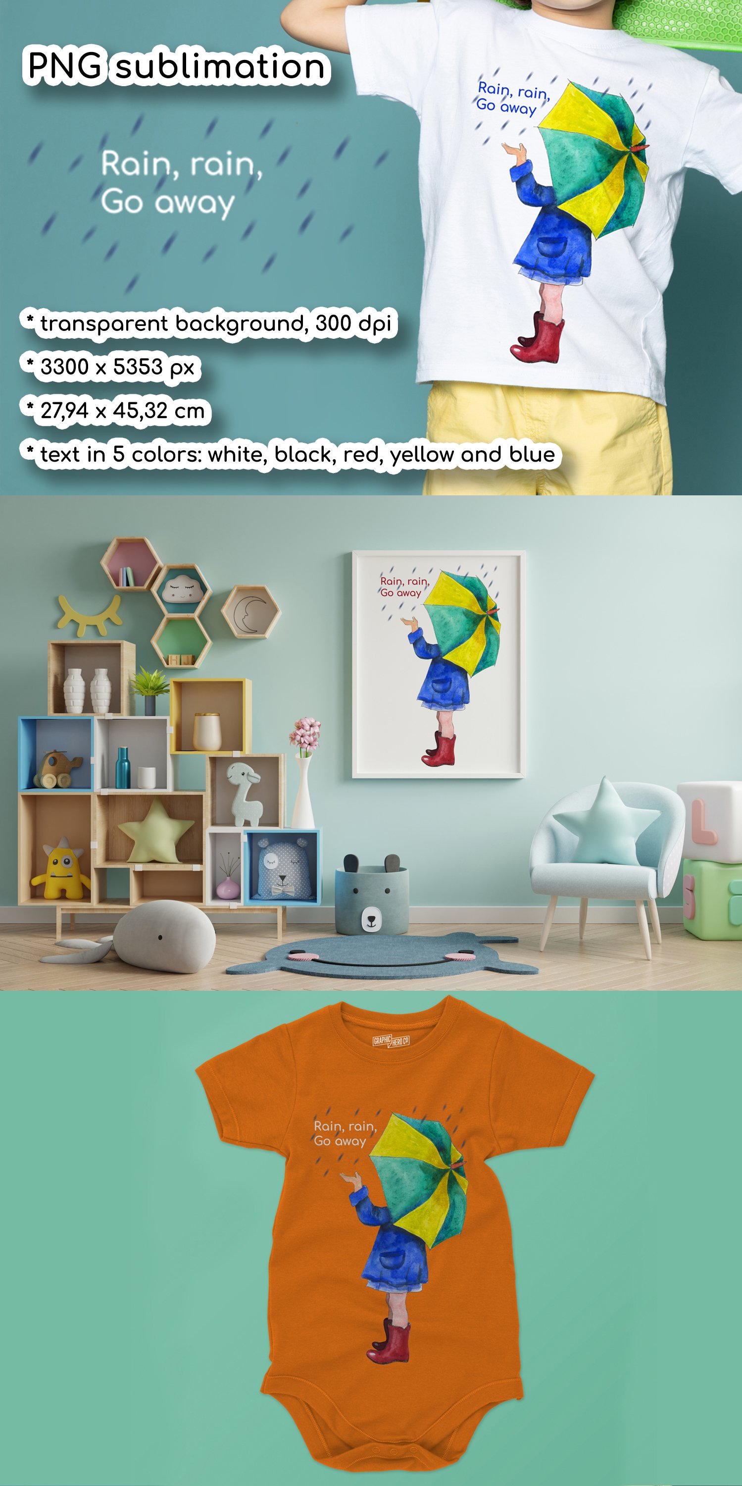 Watercolor Childish PNG Sublimation "Rain, rain, go away"
