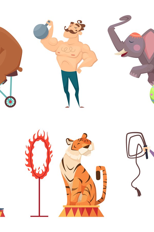 Circus mascots. Clouns, performers, juggler and other charac