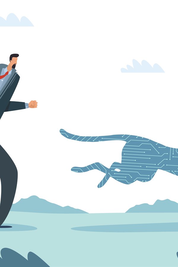 Race man and technology. Businessman chasing progress. Offic