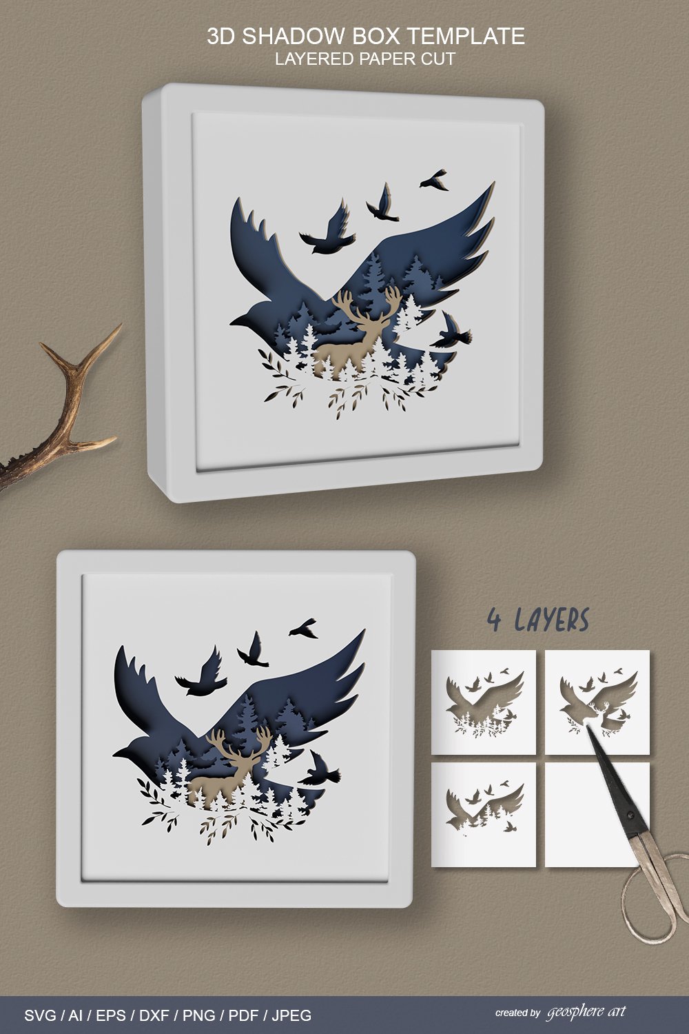 3D Christmas Bird Shadow box. Layered papercut SVG / DXF