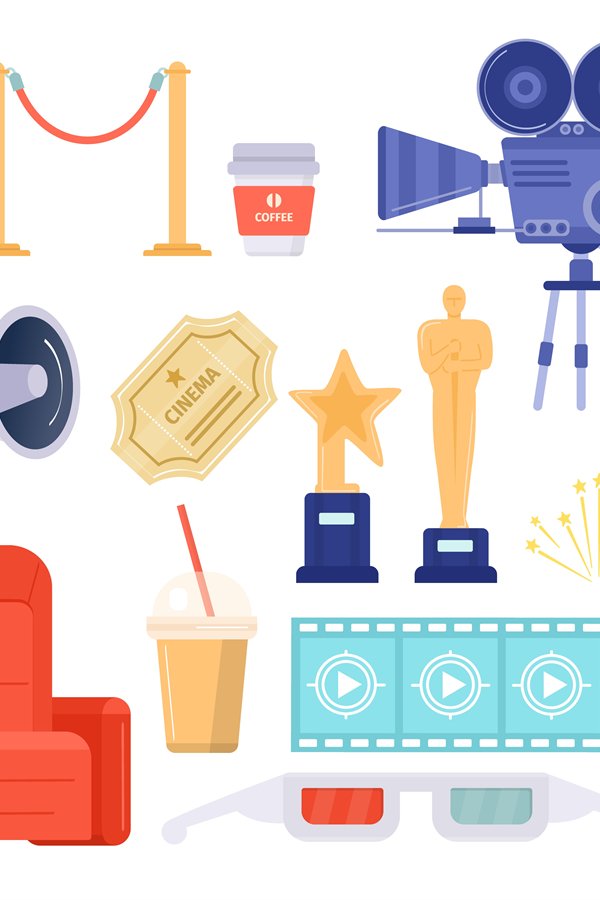Flat cinema and movie theater items, popcorn, awards and tic