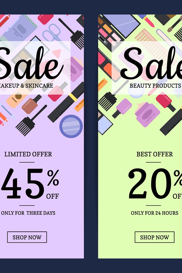 Banners for beauty shop with makeup and skincare in flat sty