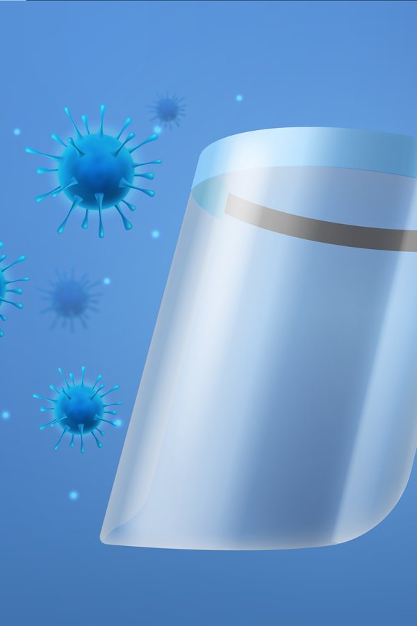 Face shield. Protective face screen repels germs, transparen