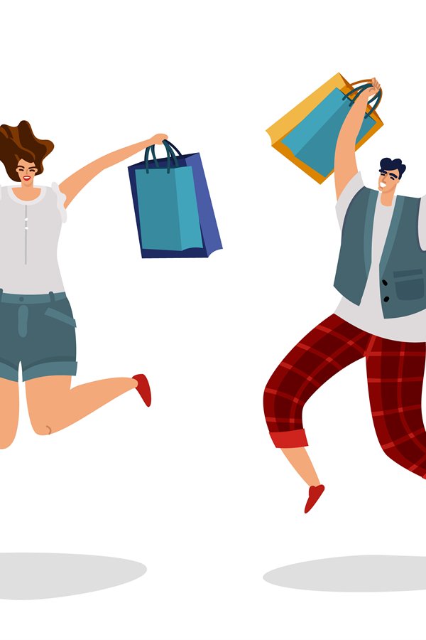 Jumping customers with gift bags. Happy shopping people. Fas