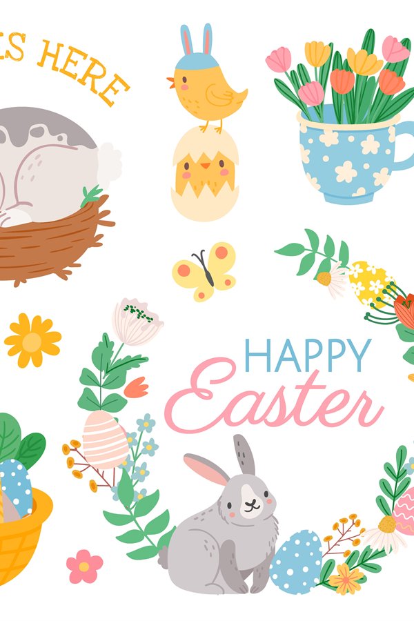 Spring easter cute animal characters and garden elements. Ca