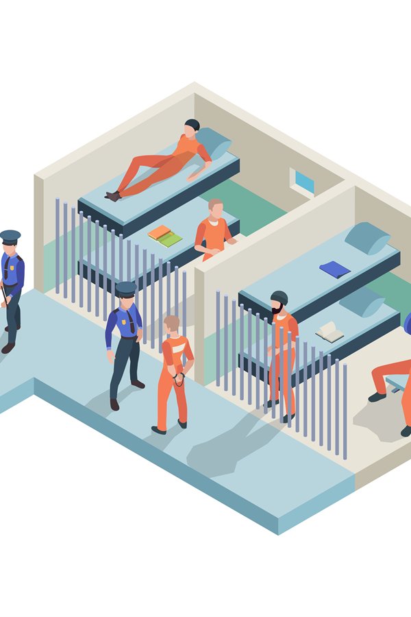 Jail interior. Prisoners sitting in cameras walking police g