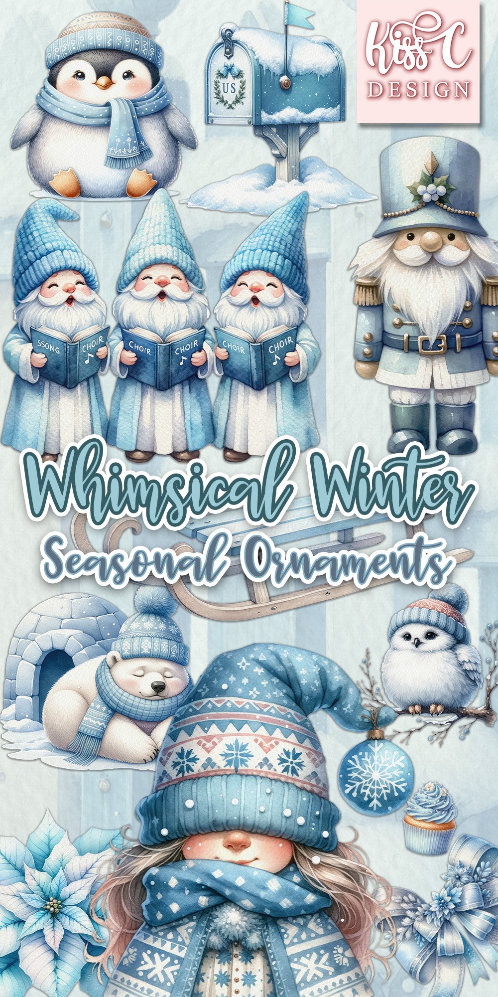 Whimsical Winter Watercolor Seasonal Ornaments Illustration