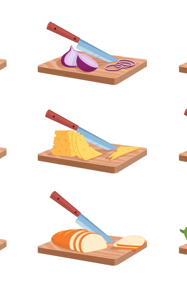 Sliced cut food. Products cutting, pieces and slices, choppe