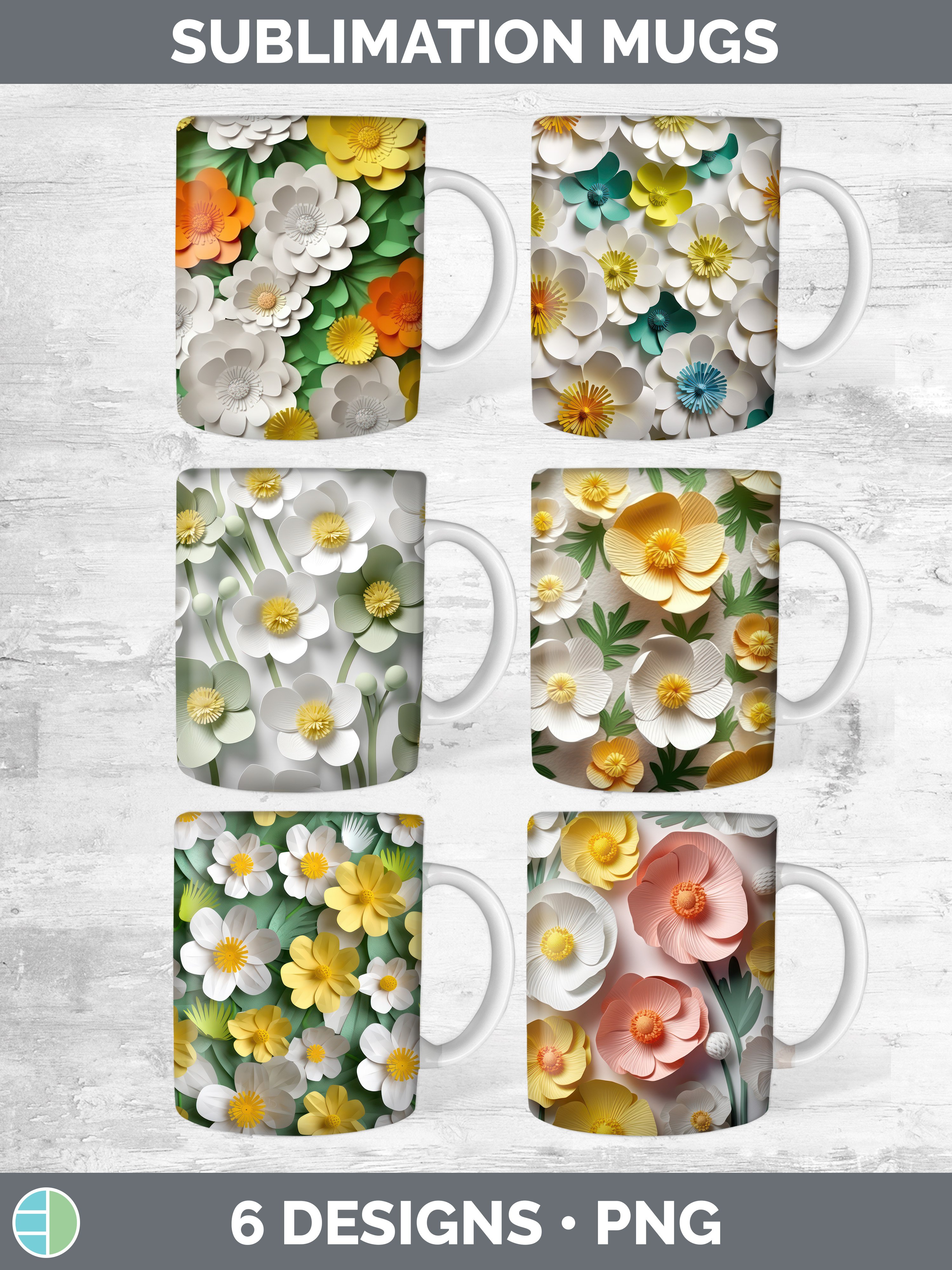 3D Paper Buttercup Flowers Mug Wrap | Sublimation Coffee Cup
