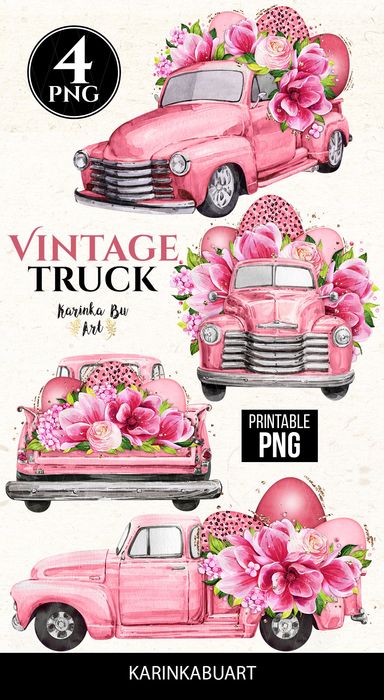 4 Watercolor Vintage pink Truck Easter leopard floral eggs