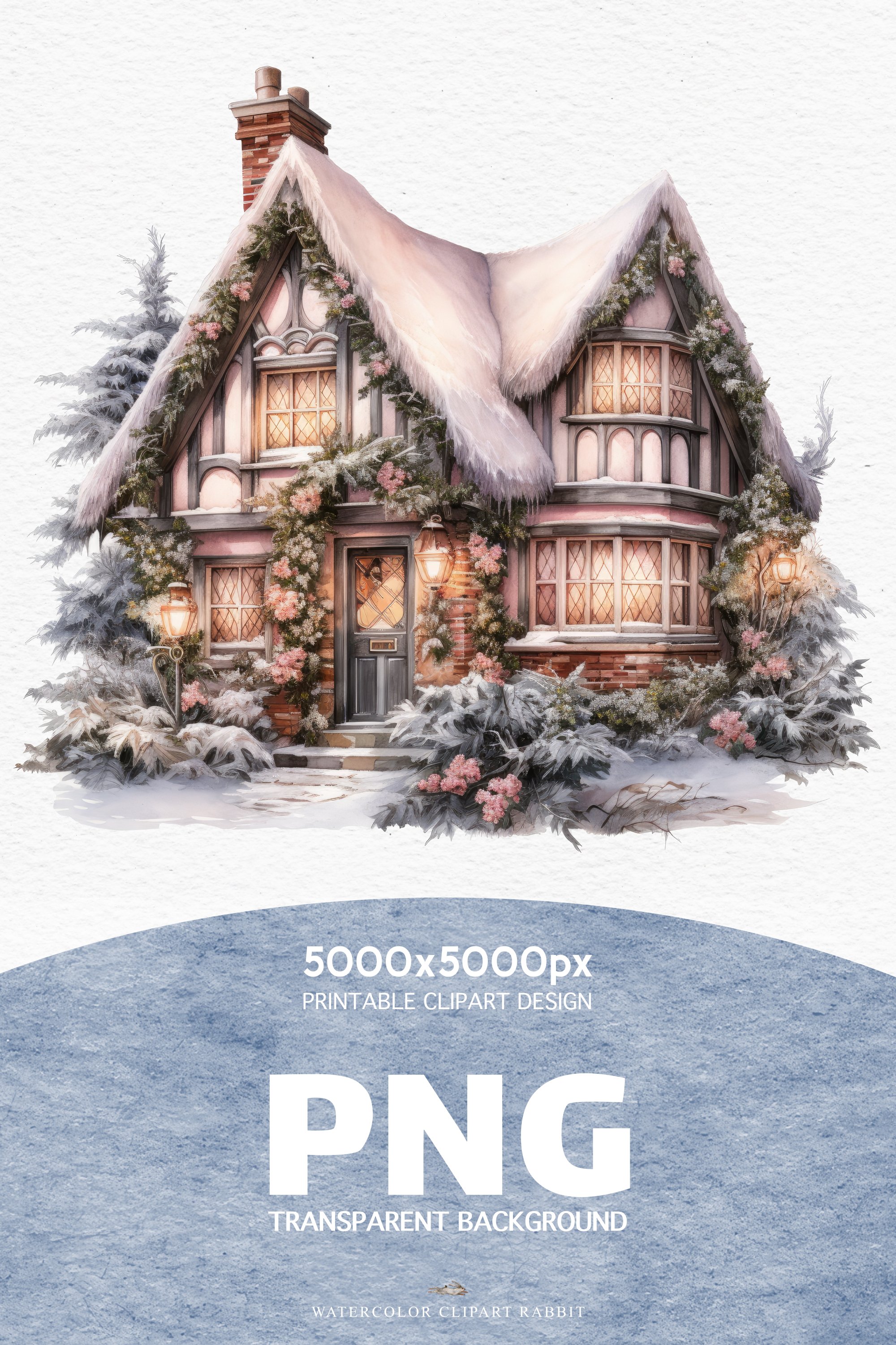 Pink Christmas HouseWinter Landscape Scene Village Clipart