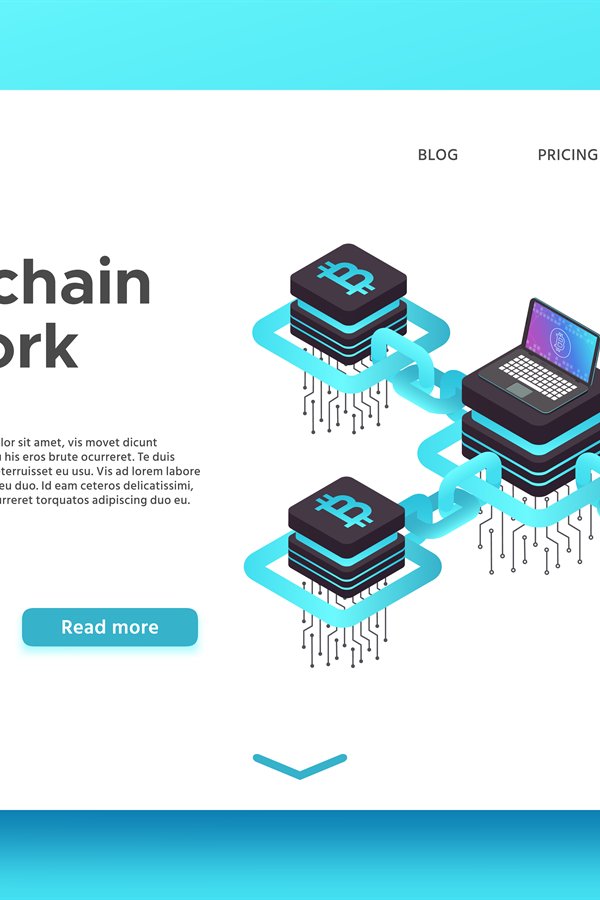 Blockchain landing page. Isometric cryptocurrency mining vec