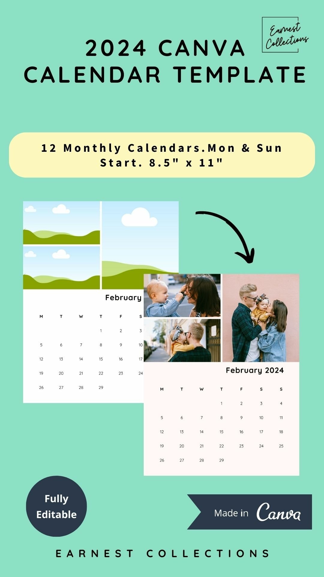 2024 canva calendar template - US Letter size - Mon & Sun