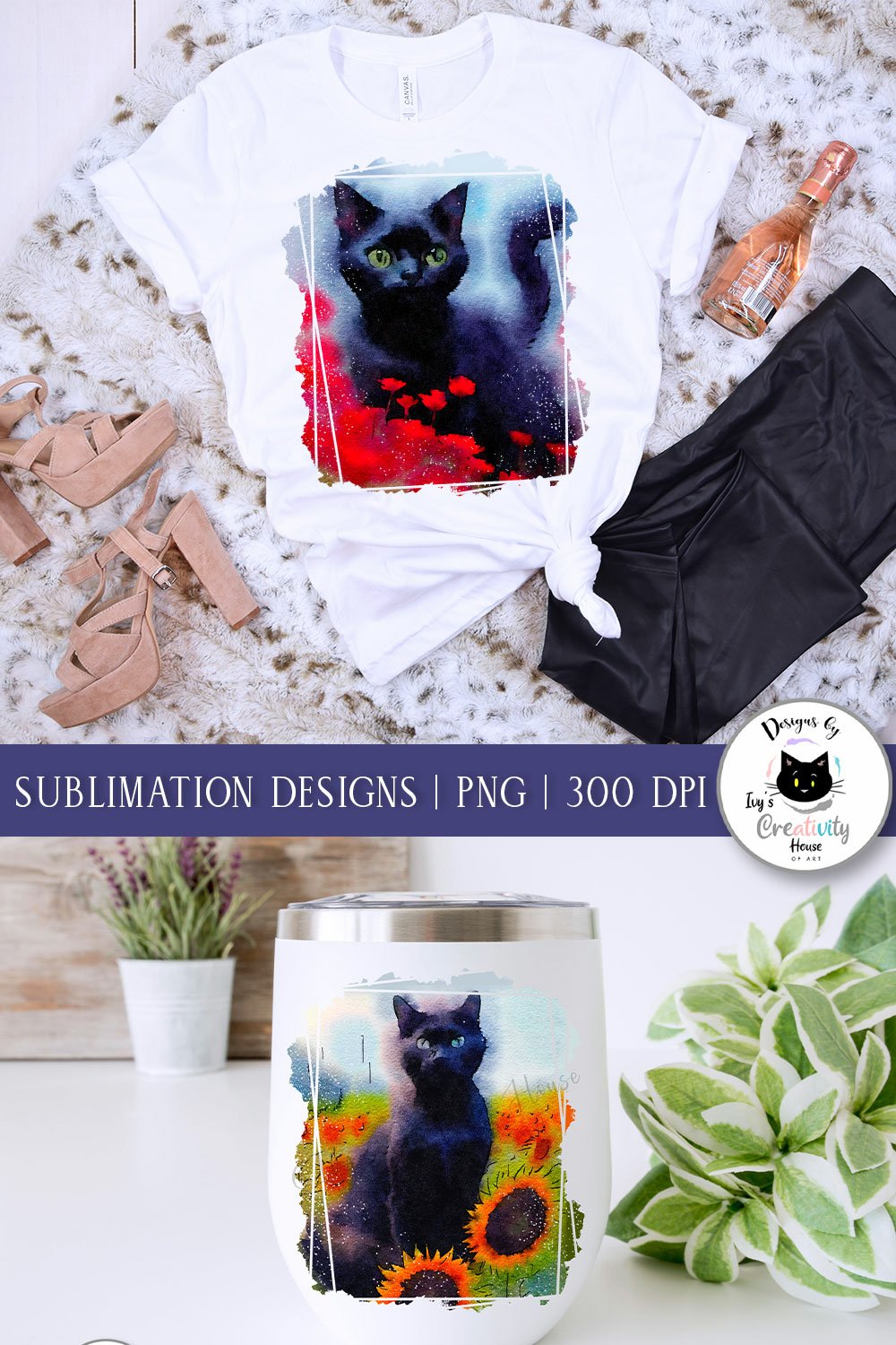 Watercolor Cat Sublimation Designs | Sunflower PNG Designs
