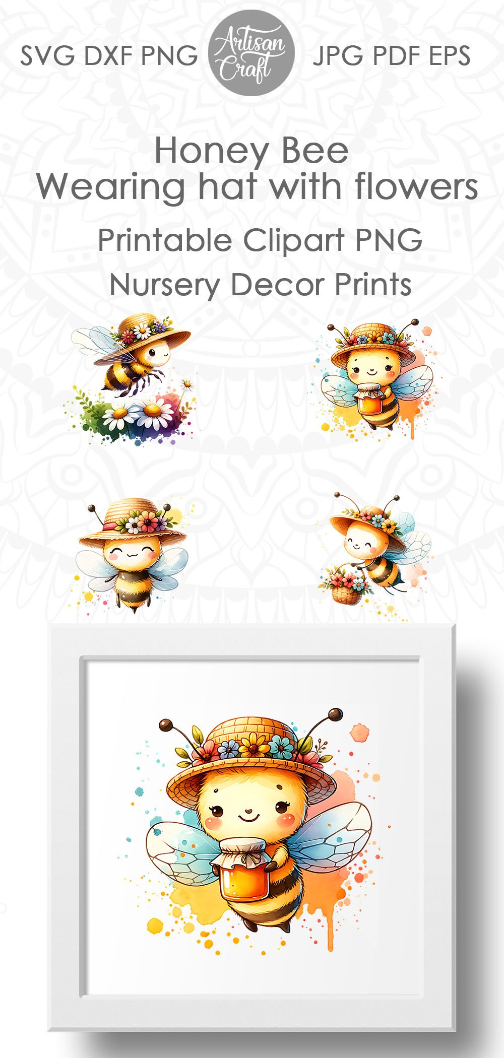 Honey bee clipart, flower hat, watercolor clipart