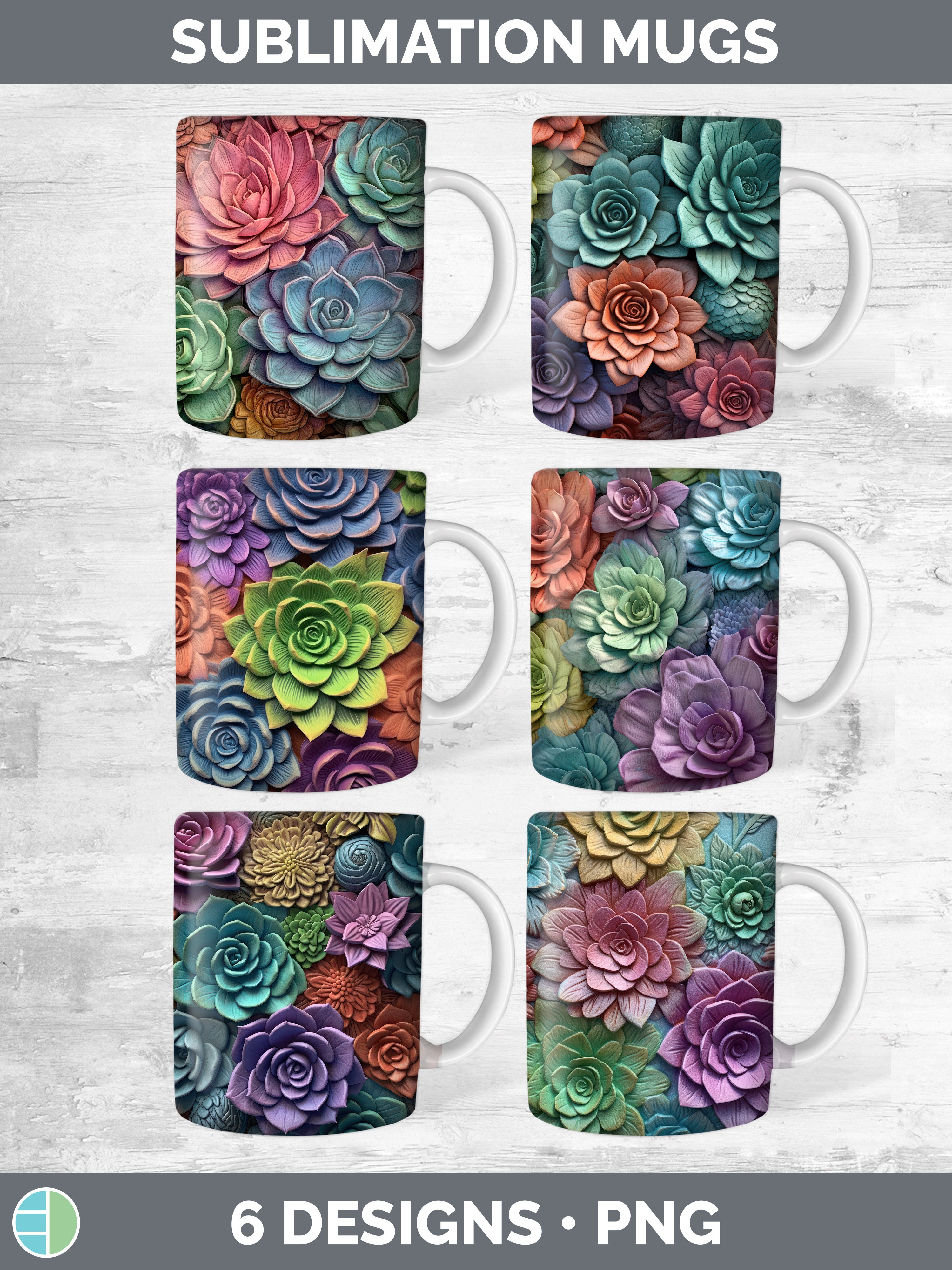 3D Succulents Mug Wrap | Sublimation Coffee Cup Designs Bund