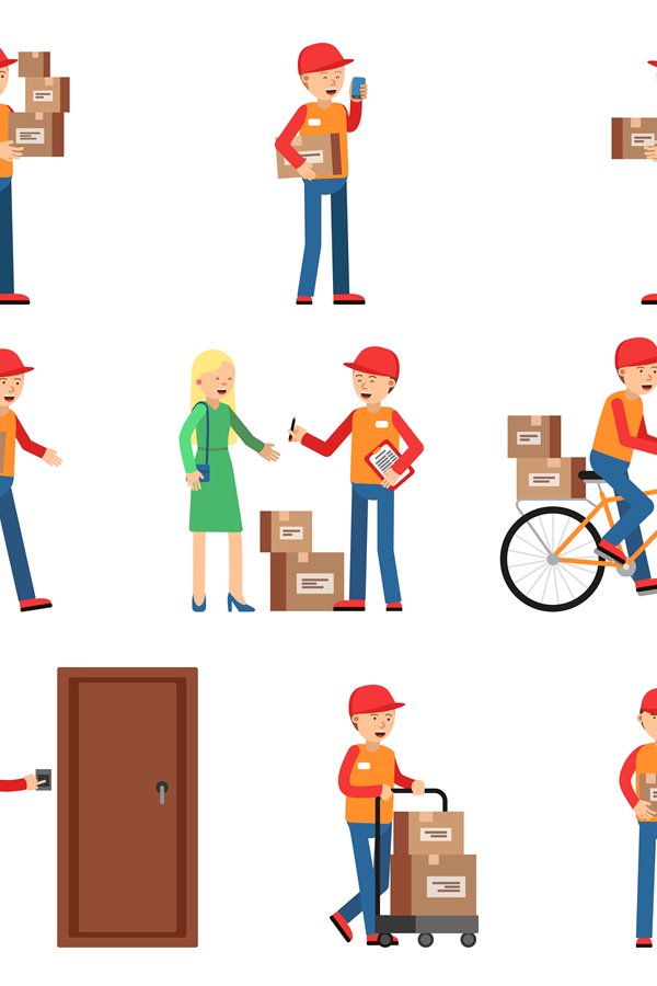 Delivery worker in different action poses. Man holding box o