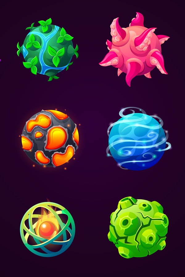 Fantasy cartoon planet. Game design planets, kids fantastic