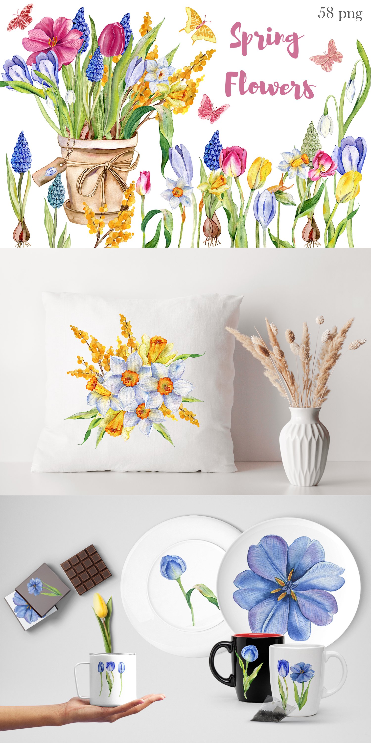 Watercolor Spring flowers, Bouquet flowers (2418435)