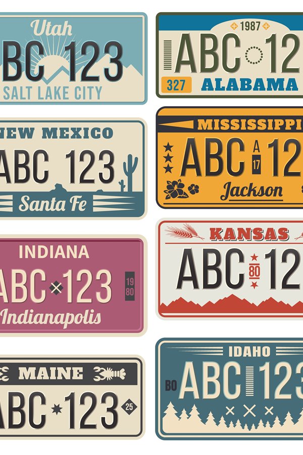 Car number plate. Retro USA cars registration number