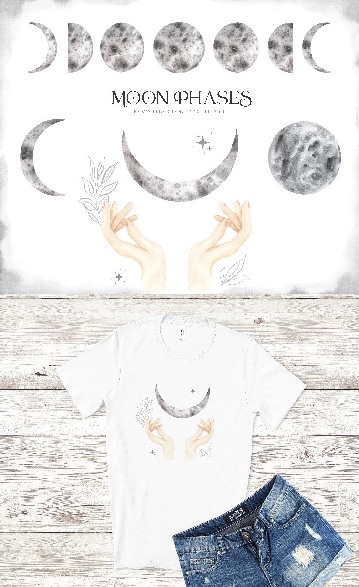 Moon Lunar Phases Clip art. Watercolor astrology clipart PNG