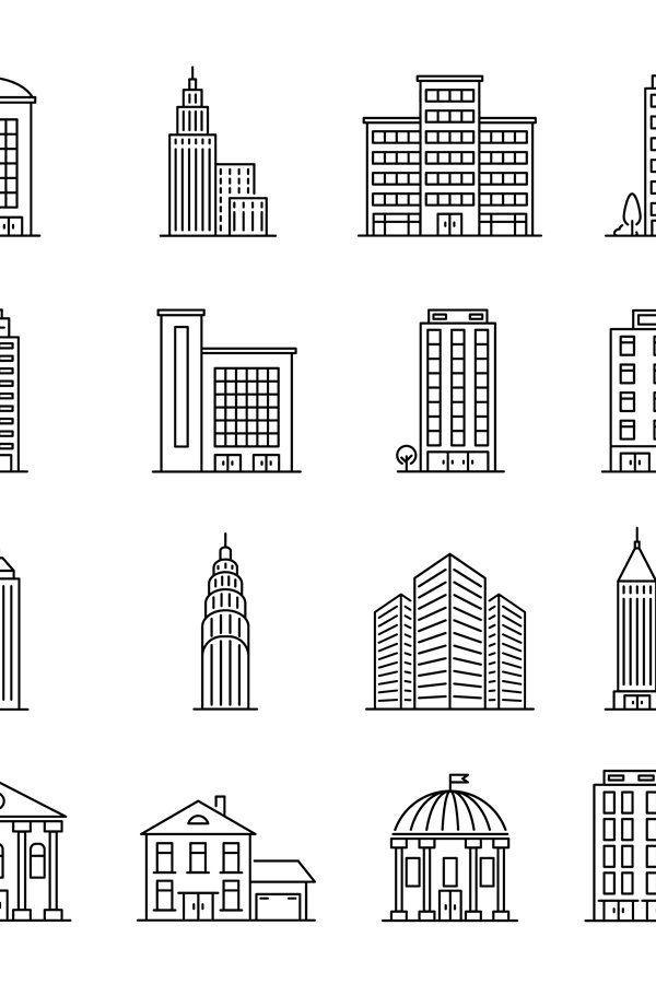 Line buildings. Modern silhouette skyscrapers, industrial es