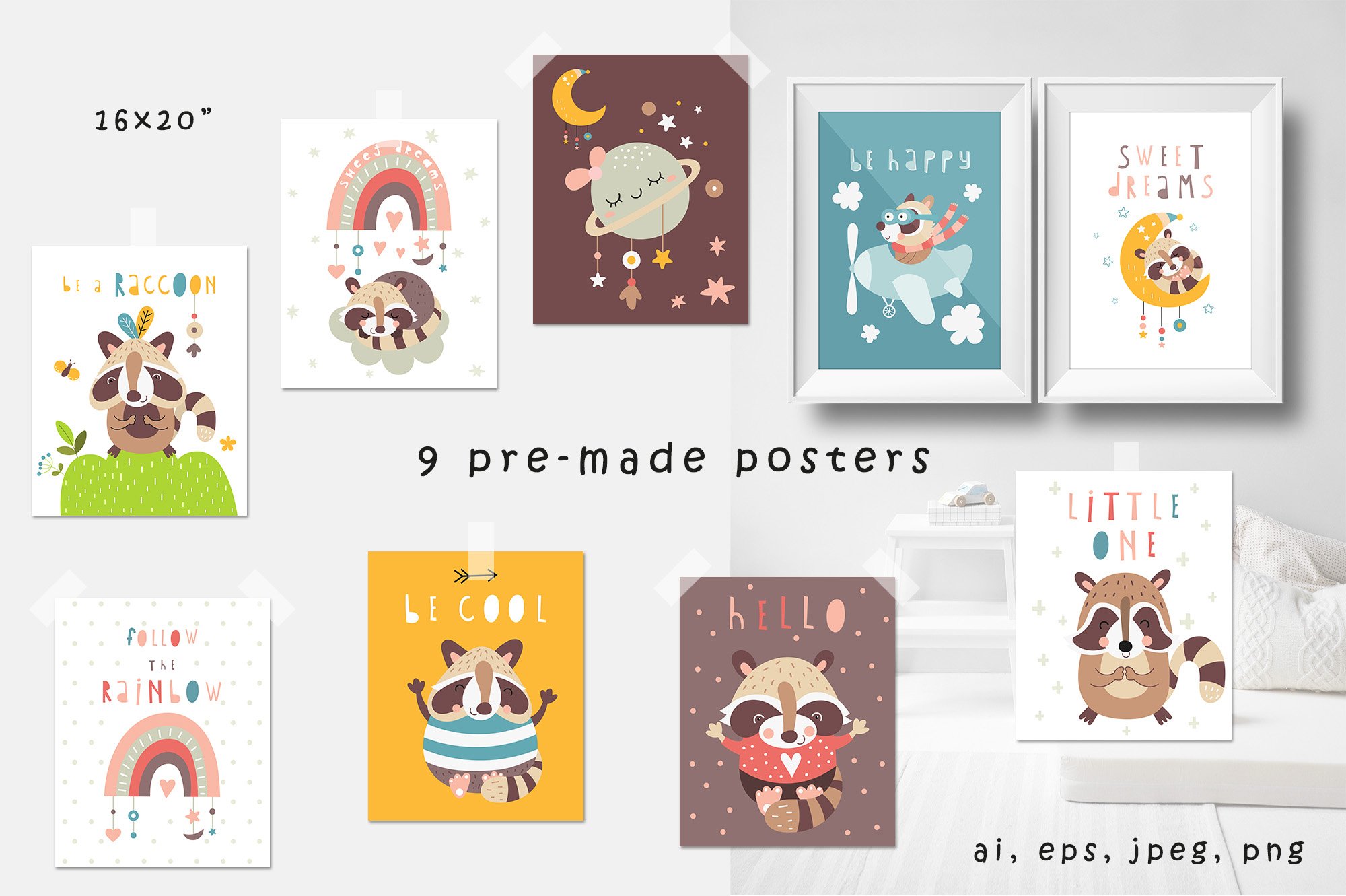 Cute raccoons nursery posters and pre-made prints