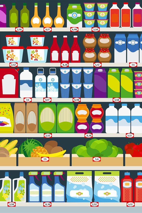 Store shelves with groceries background